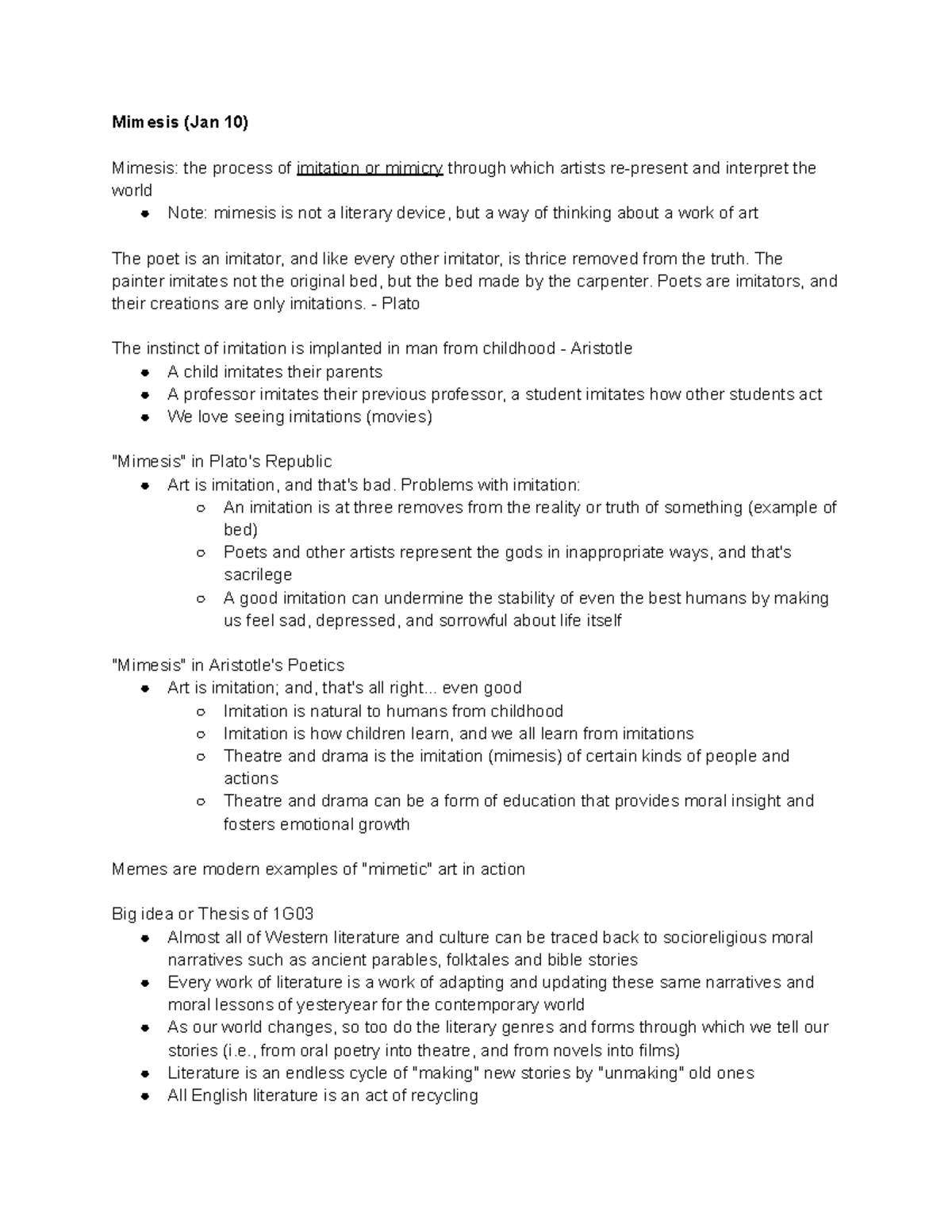 Mimesis Lecture - Mimesis (Jan 10) Mimesis: the process of imitation or ...