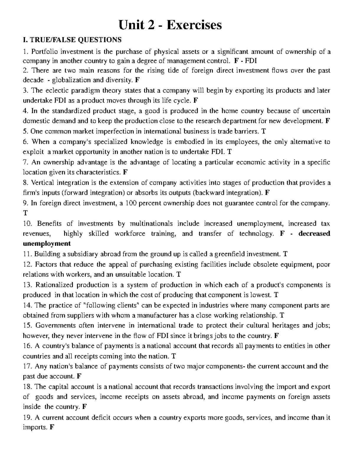 Unit 2 - Exercises to sts - Unit 2 - Exercises I. TRUE/FALSE QUESTIONS Portfolio investment is ...
