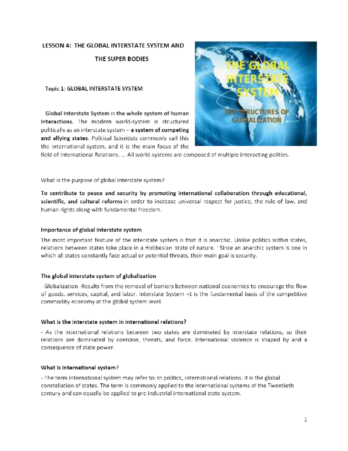 Lesson 4 The Global Interstate System - BS. Civil Engineering - Studocu