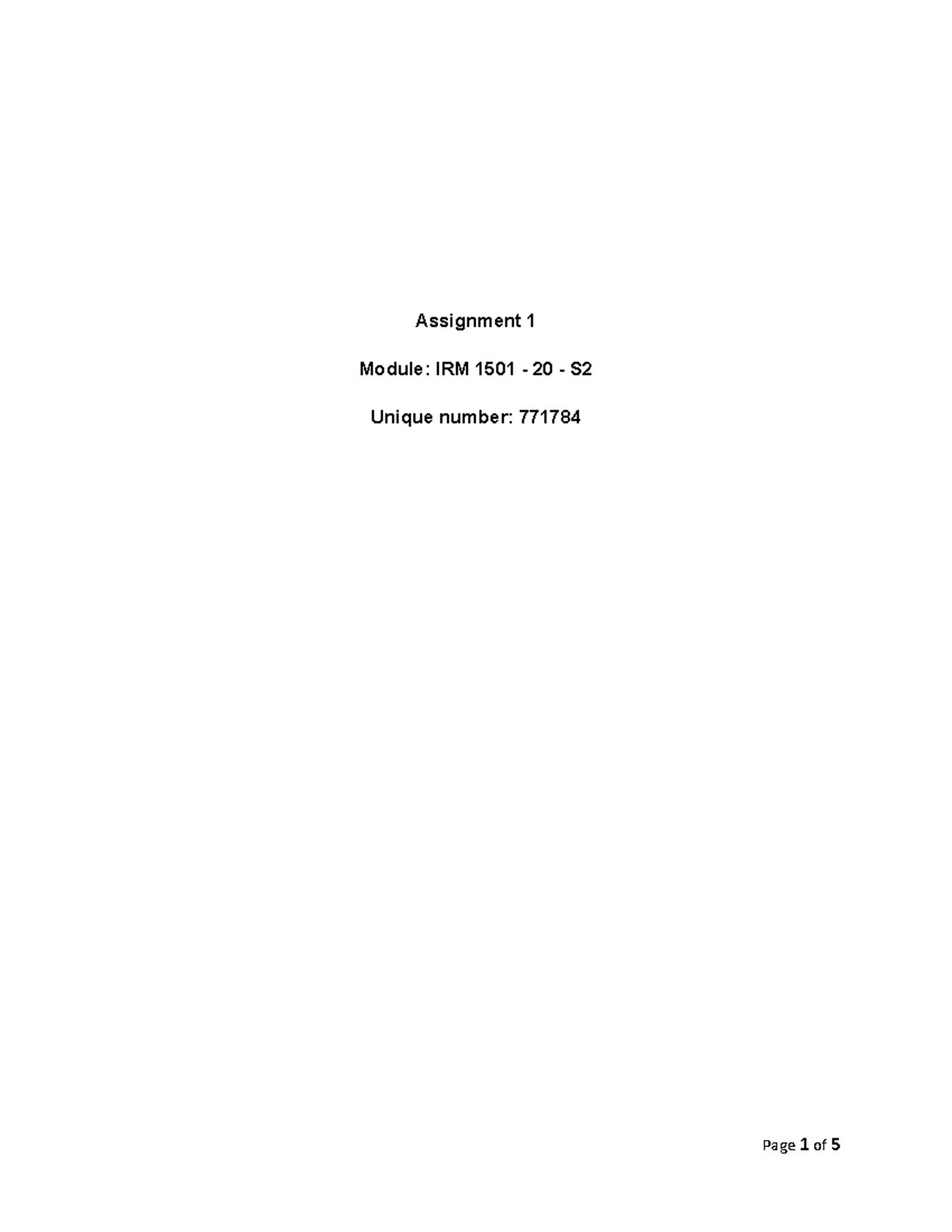 IRM1501 Assignment 1 - IRM1501 - Index - Assignment Module: IRM 1501 - 20 - S Unique number ...