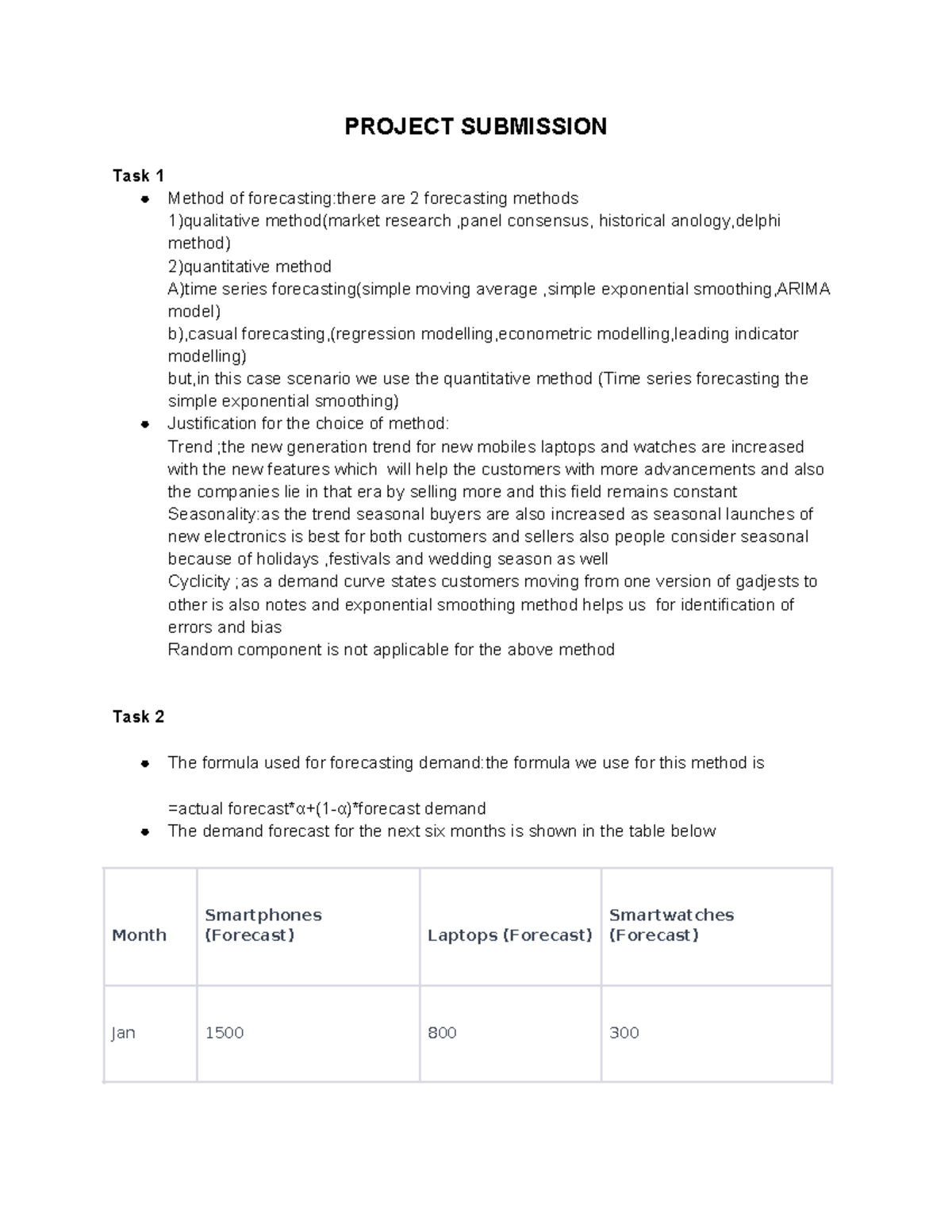 Opscmproject Anushiya Mohan - PROJECT SUBMISSION Task 1 Method of forecasting:there are 2 - Studocu