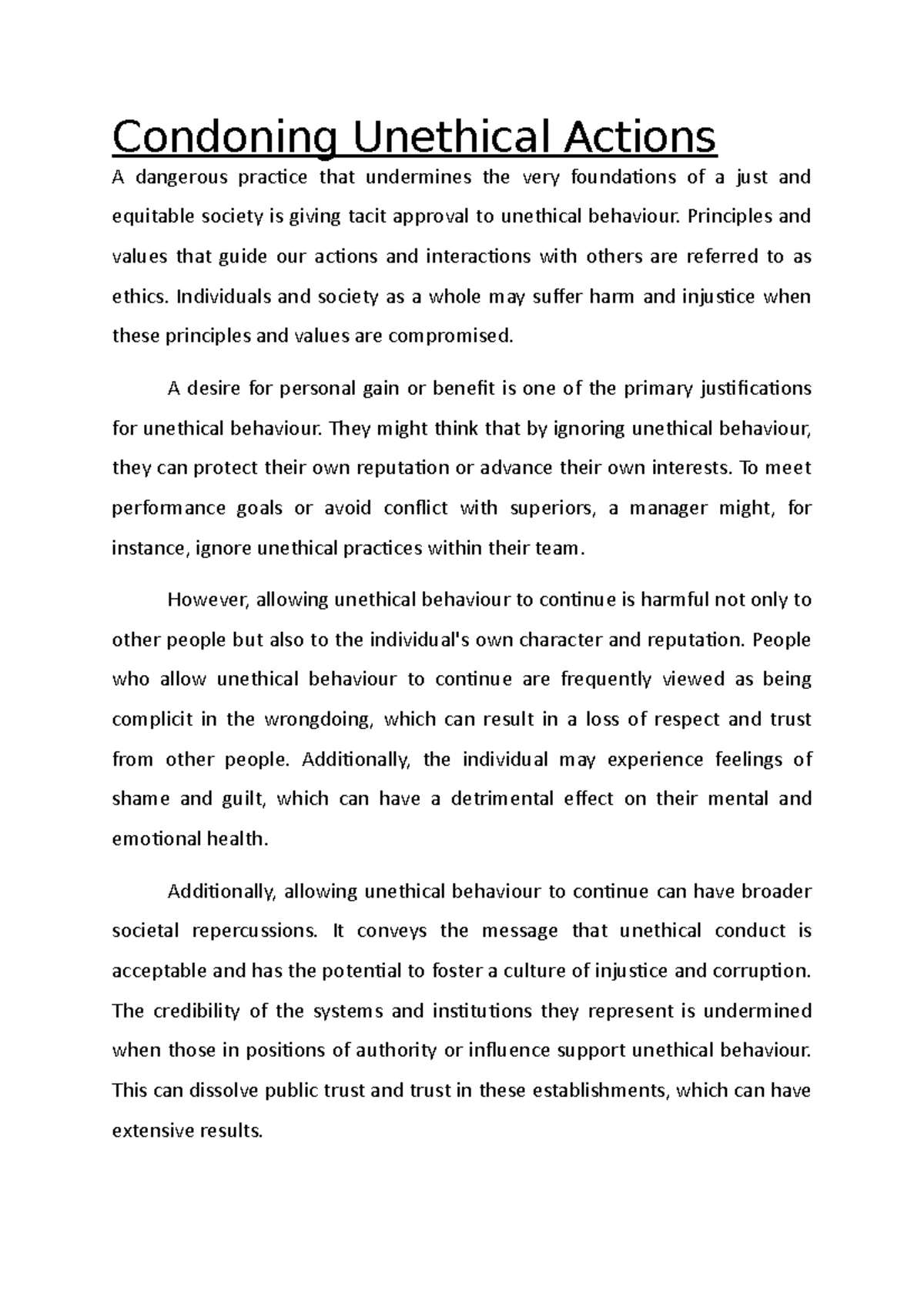 Condoning Unethical Actions - Principles and values that guide our ...