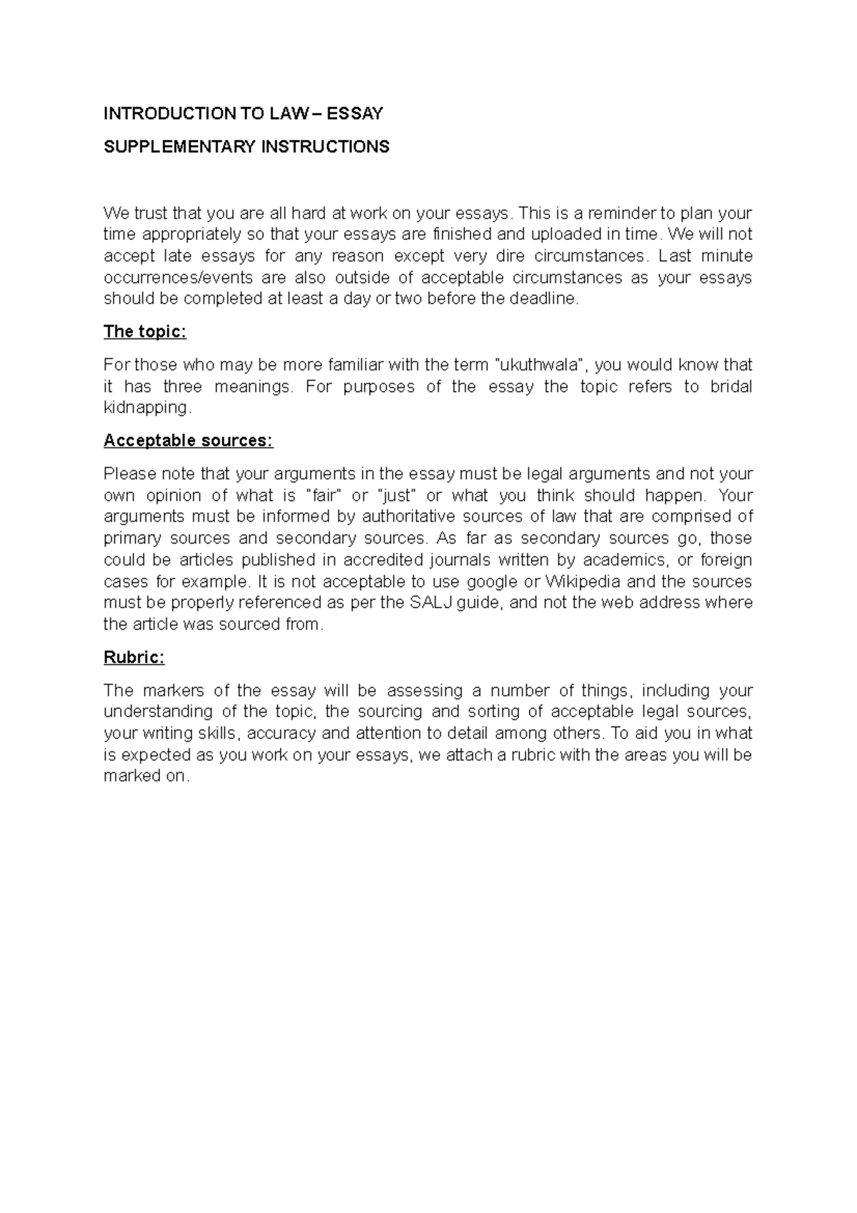 Introduction TO LAW - Supplementary Instructions - INTRODUCTION TO LAW ...