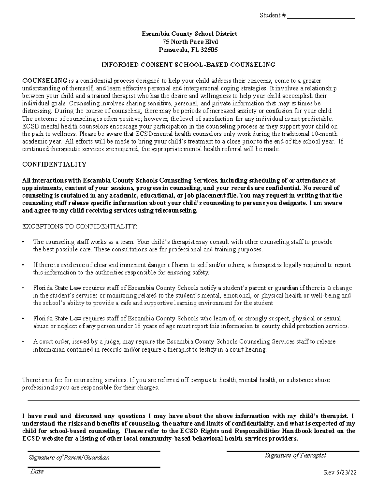 Informed Consent - Student # ____________________ Escambia County ...