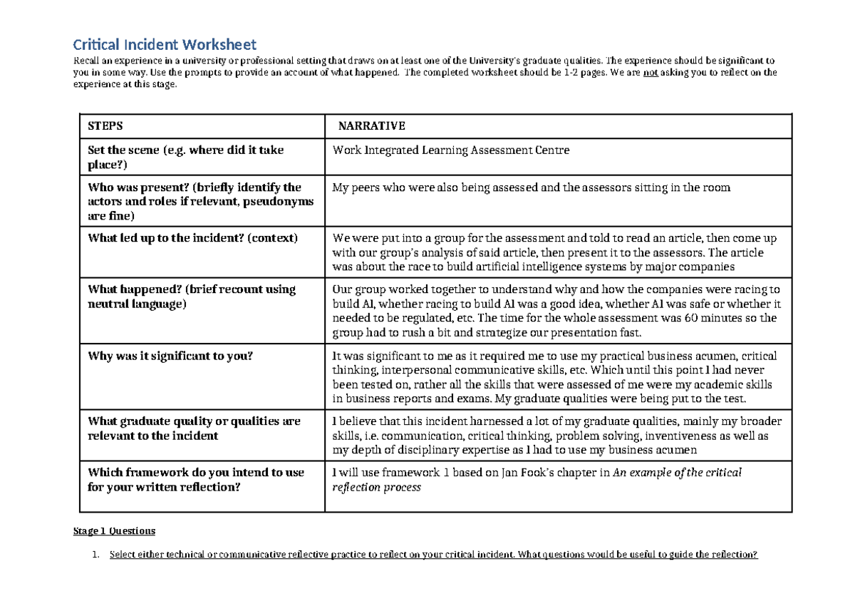 Critical Incident Worksheet 2024 - Critical Incident Worksheet Recall ...