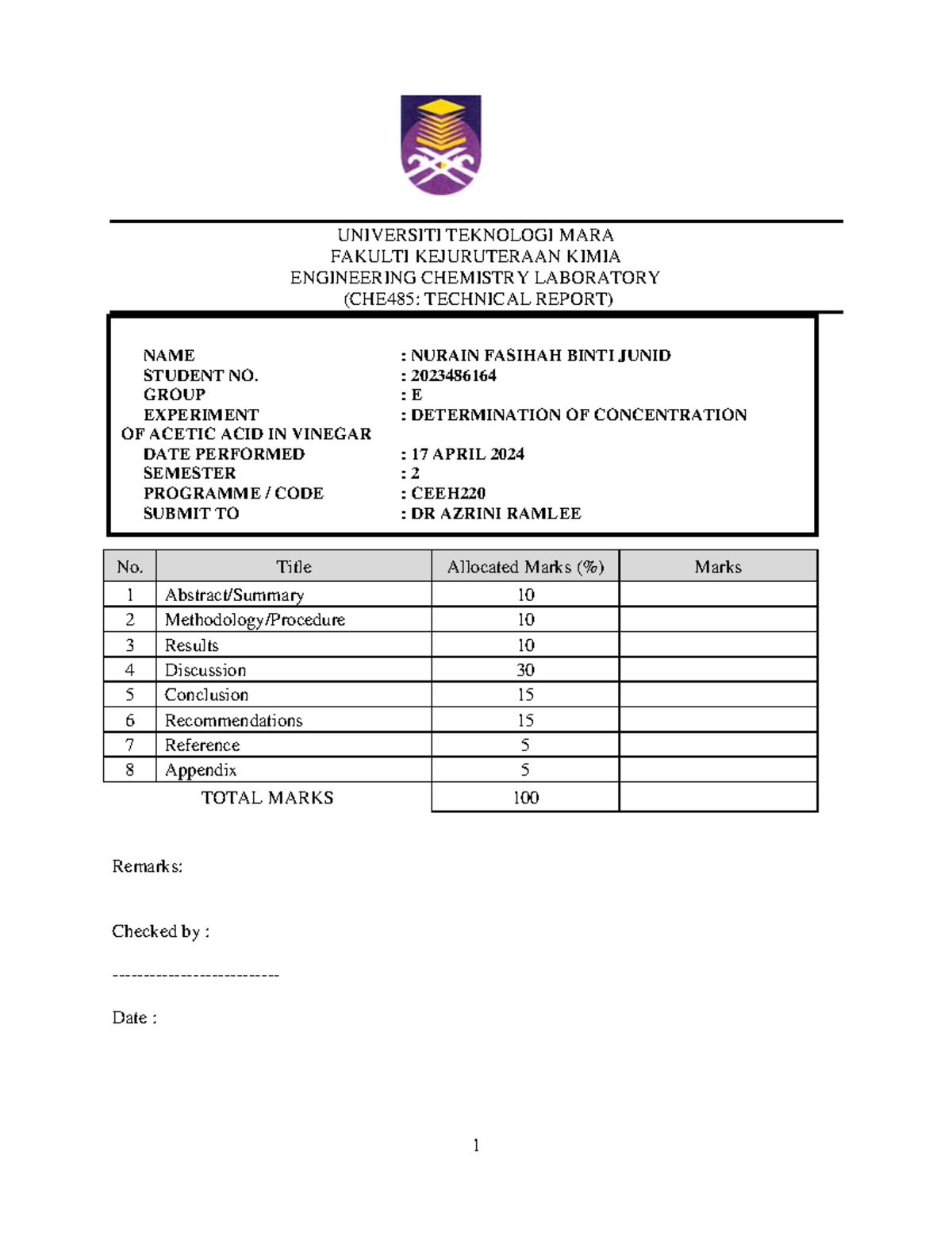 Lab 1 Technical Report CHE485 pdf - UNIVERSITI TEKNOLOGI MARA FAKULTI ...