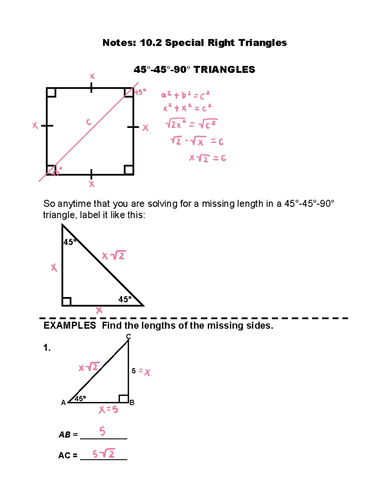10.2 special right triangles - Notes: 10 Special Right Triangles 45 ...
