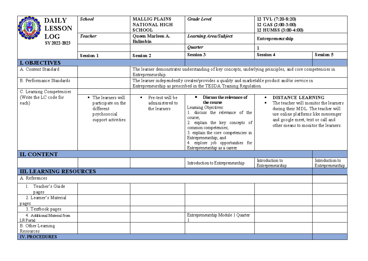 Entrep 12 Q1 W1(QMAB) - DLL - DAILY LESSON LOG SY 2022- School MALLIG ...
