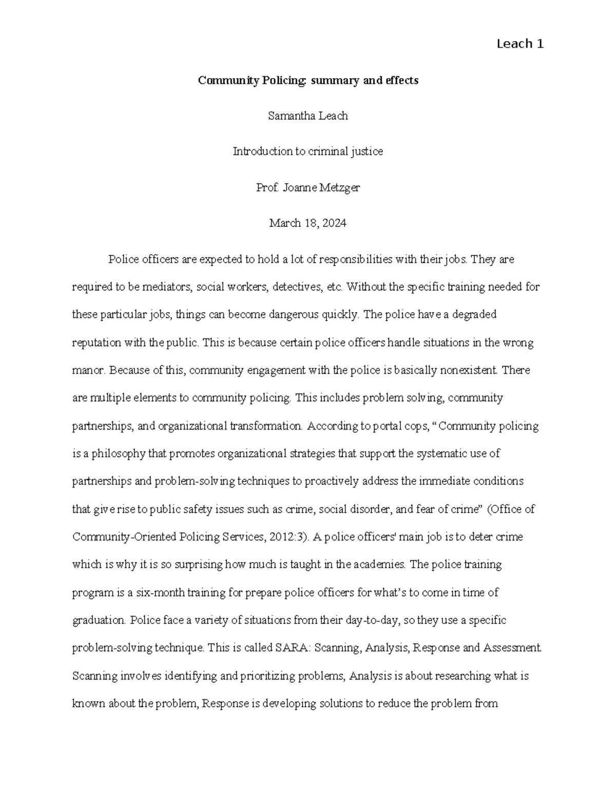 Policing assignment - Community Policing: summary and effects Samantha ...