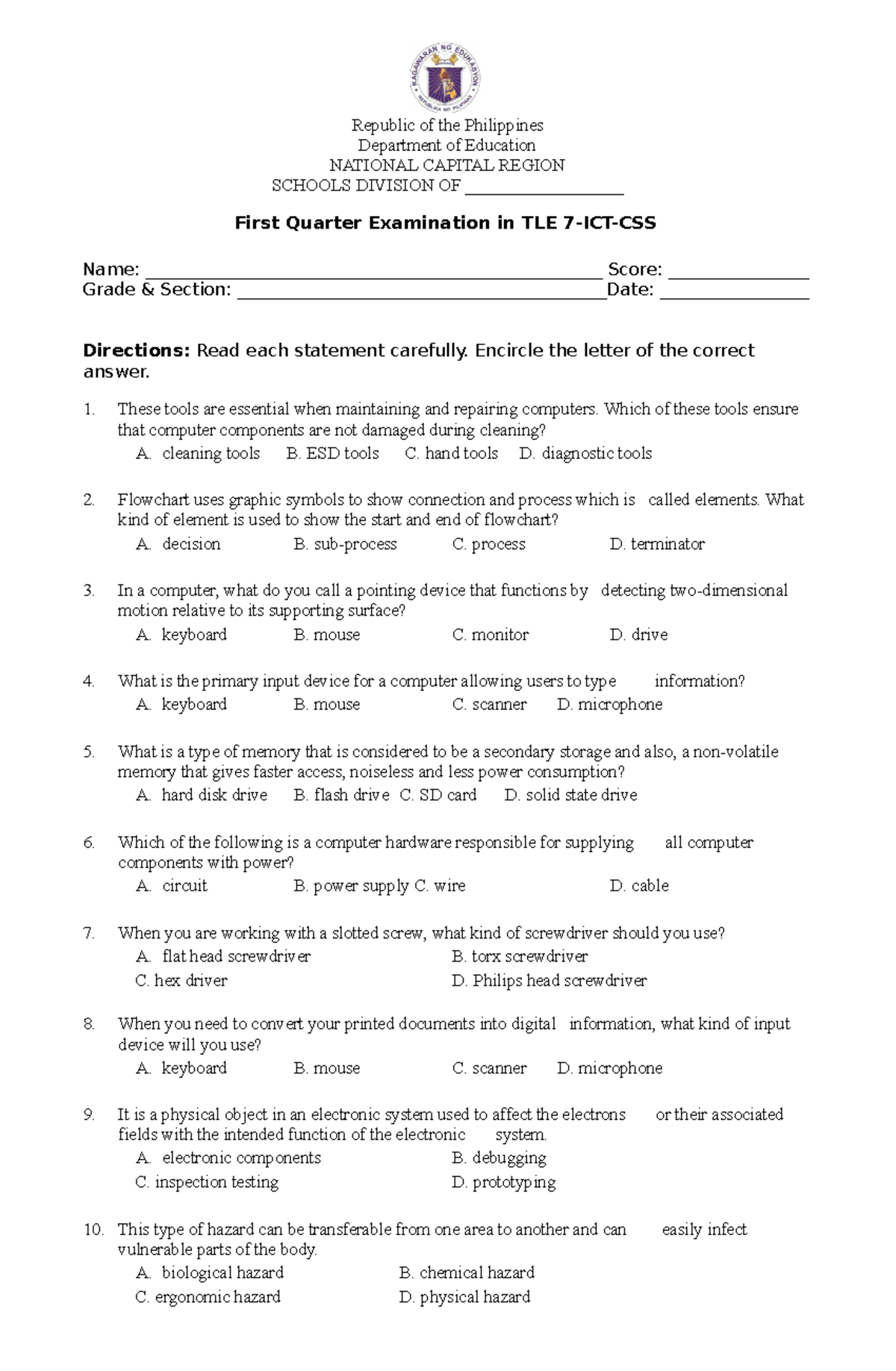 TLE 7 First Quarter Examination - Republic of the Philippines ...