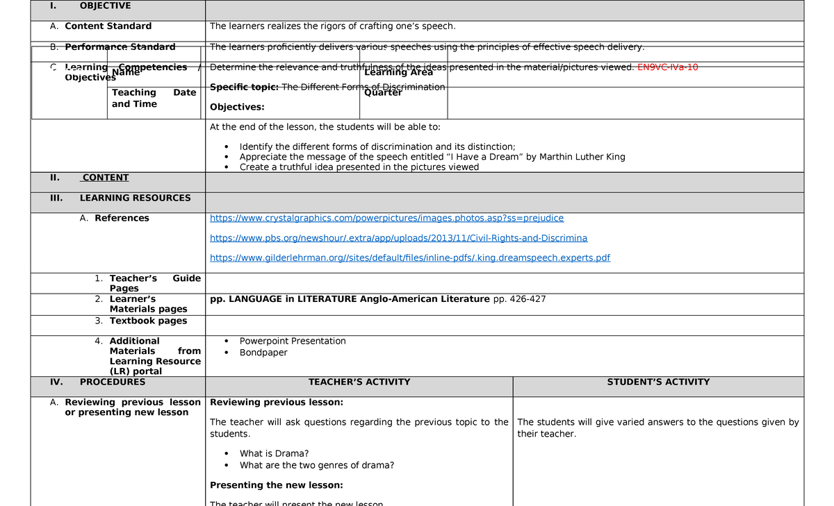 Detailed Lesson PLAN - Sharing for references - I. OBJECTIVE A. Content ...