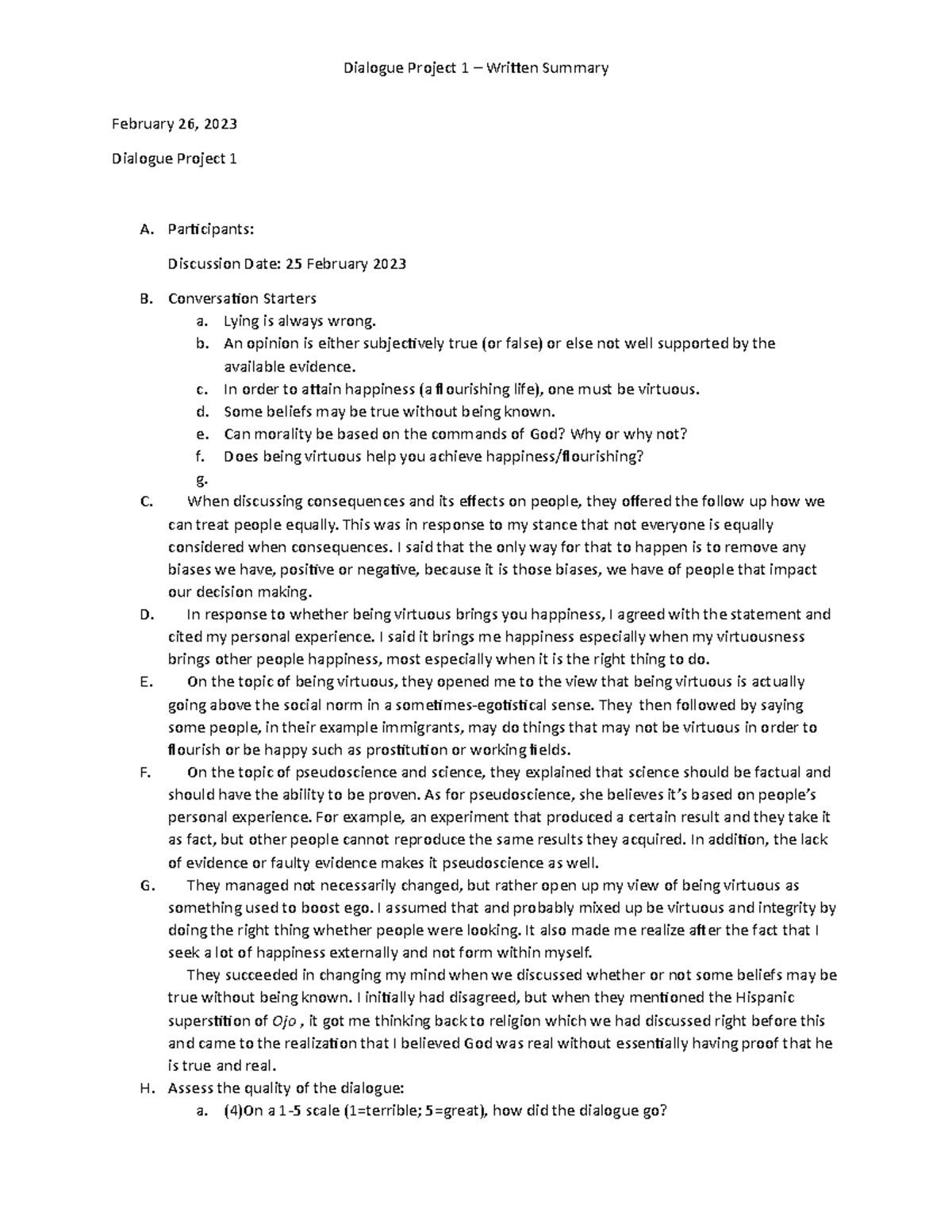 Dialogue Project 1 - Participants: Discussion Date: 25 February 2023 B ...