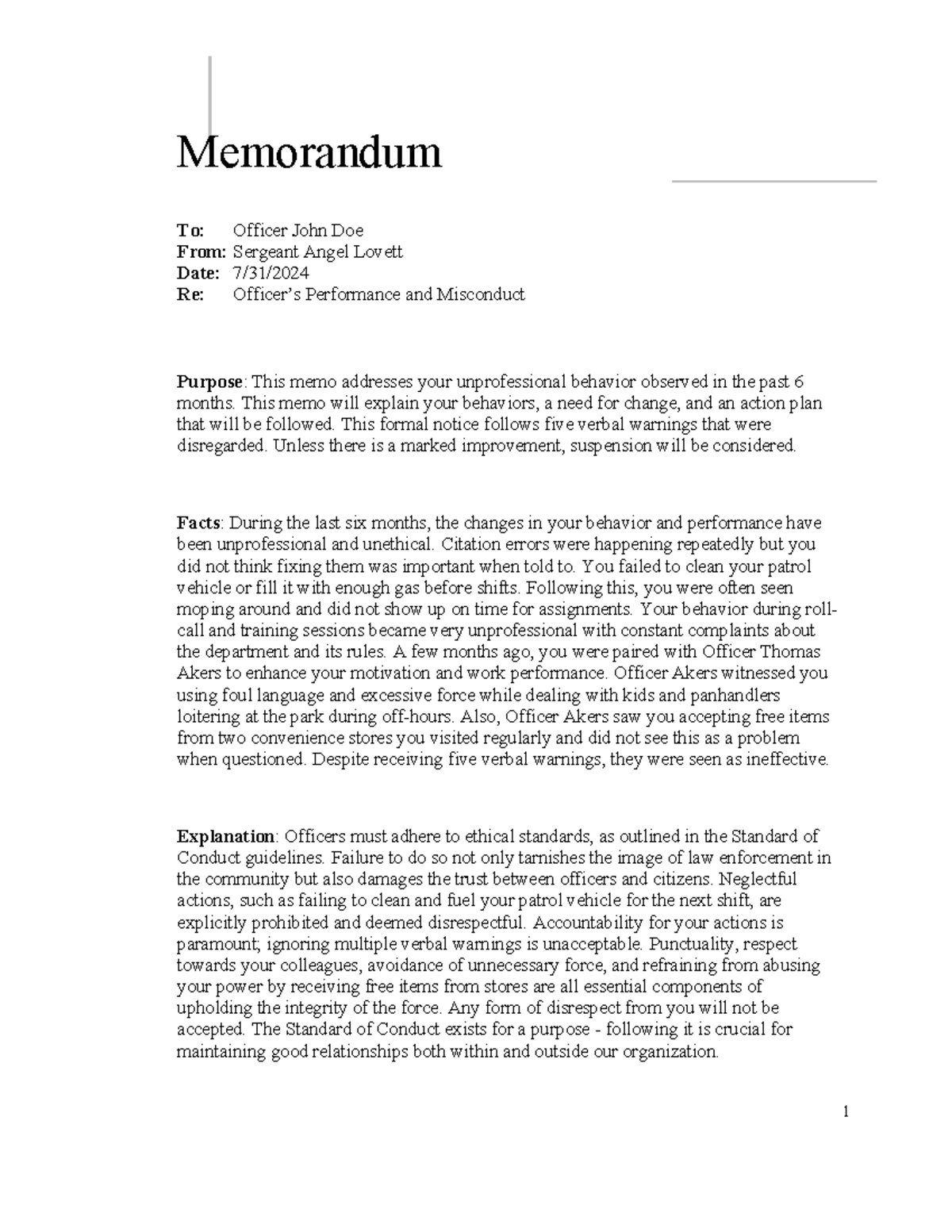 Personnel Action Memo Template - Memorandum To: Officer John Doe From ...