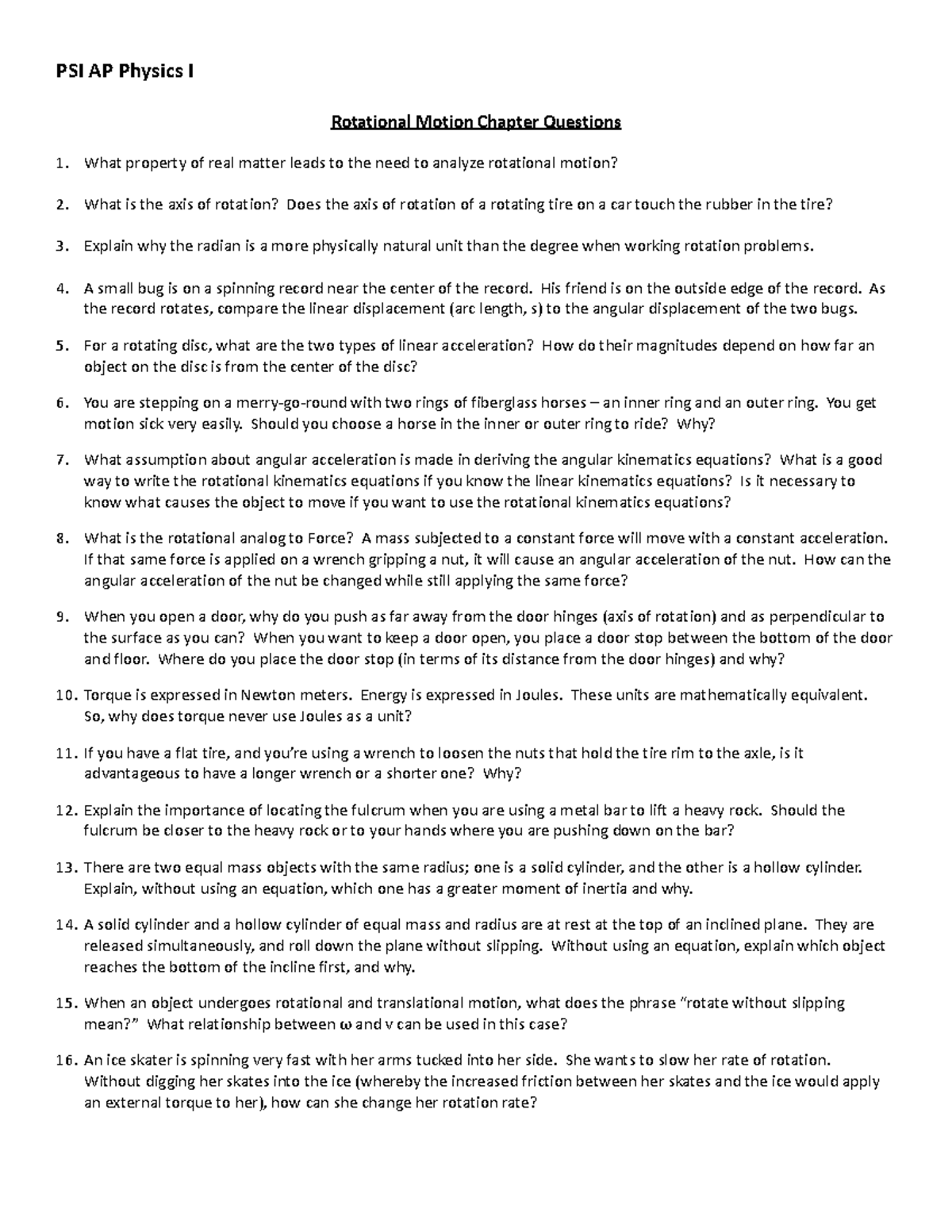 Rotational Motion problems - PSI AP Physics I Rotational Motion Chapter ...