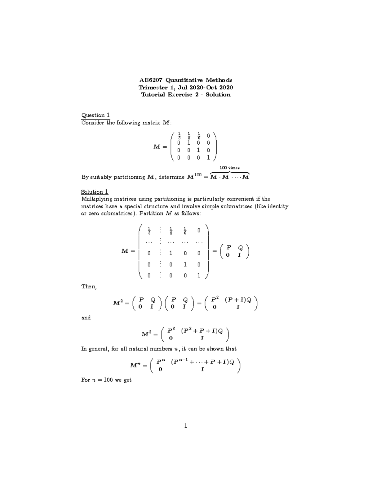 Tute2 sol - solutions - AE6207 Quantitative Methods Trimester 1, Jul 2020-Oct 2020 Tutorial ...
