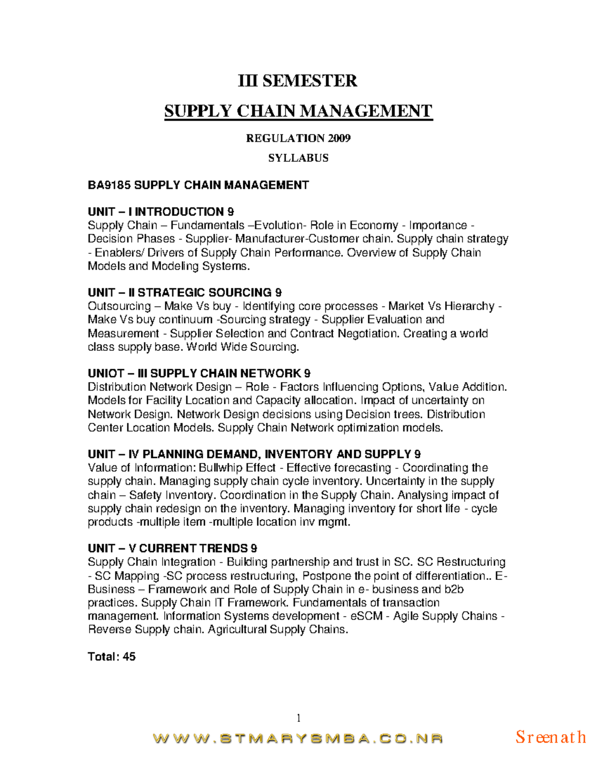 SCM notes - ####### 1 III SEMESTER SUPPLY CHAIN MANAGEMENT ...