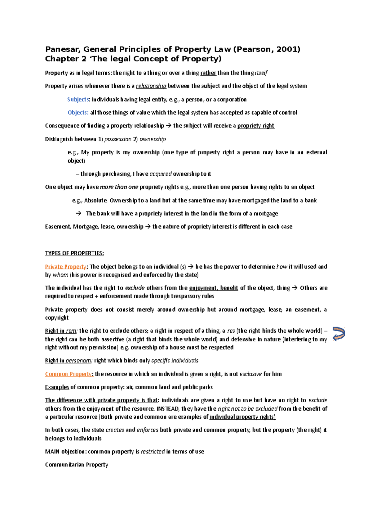 Notes from reading - Panesar, General Principles of Property Law ...