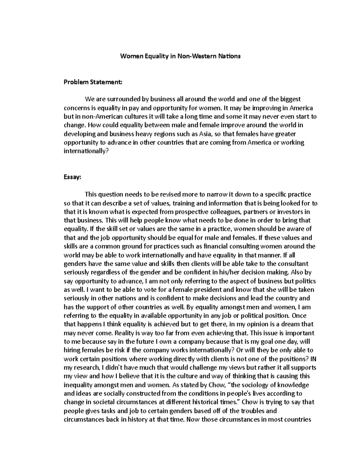 Research Question Revision - Women Equality in Non-Western Nations ...