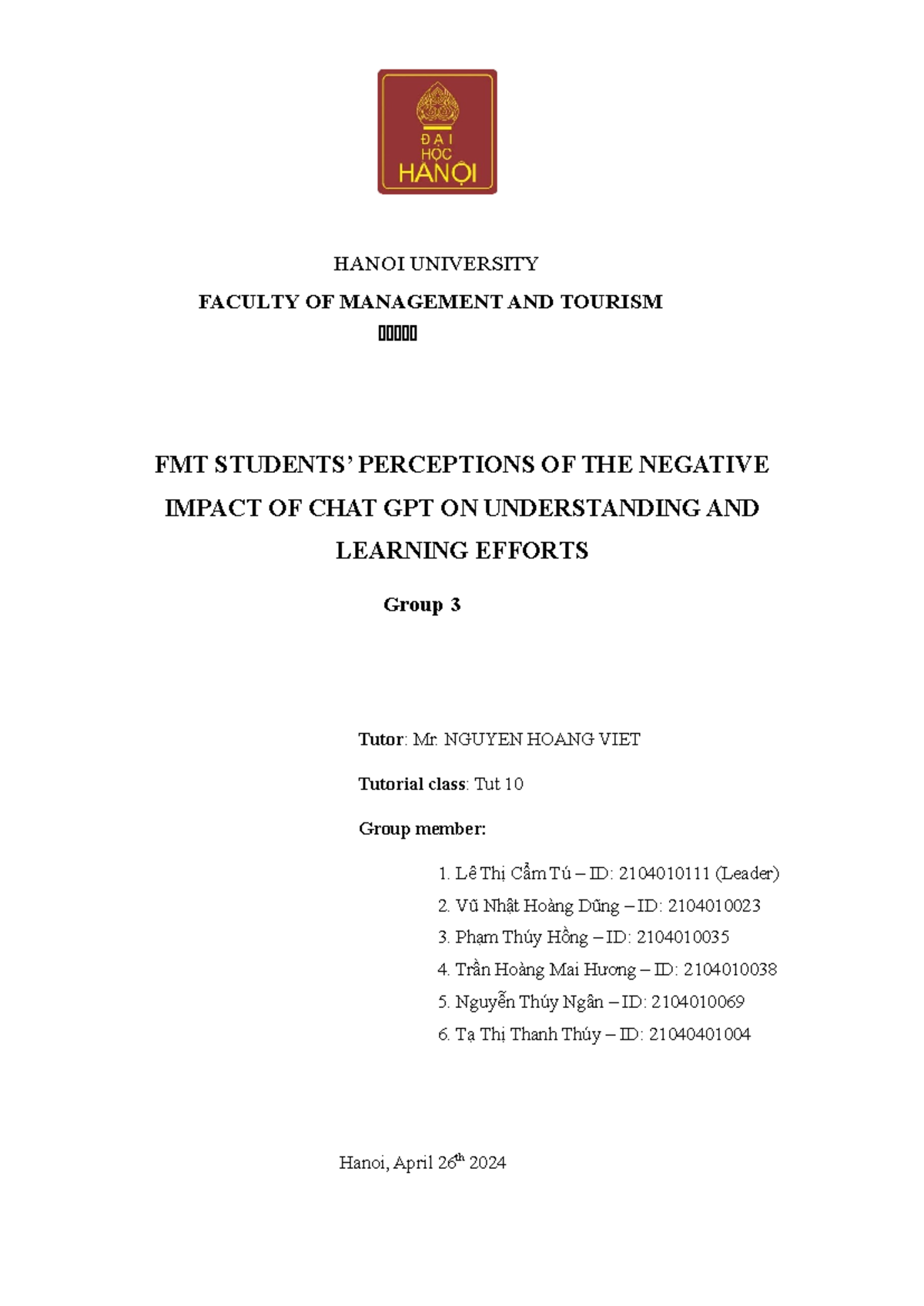 PAS Group 3 TUT 10 - report - HANOI UNIVERSITY FACULTY OF MANAGEMENT ...