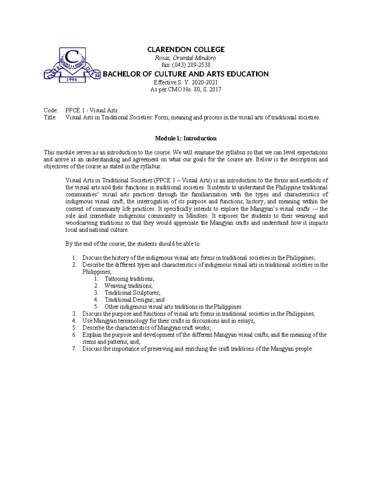 PPCE-1-Visual-Arts Modules - CLARENDON COLLEGE Roxas, Oriental Mindoro ...
