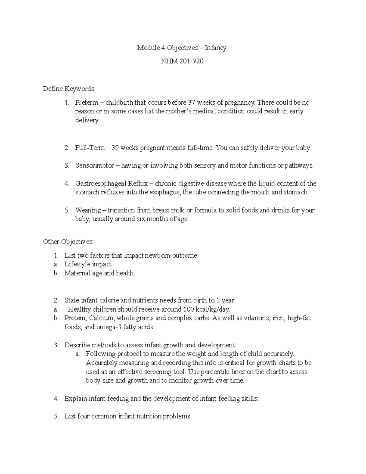 Module 4 Objectives, Infancy (NHM 201-920) - Module 4 Objectives ...