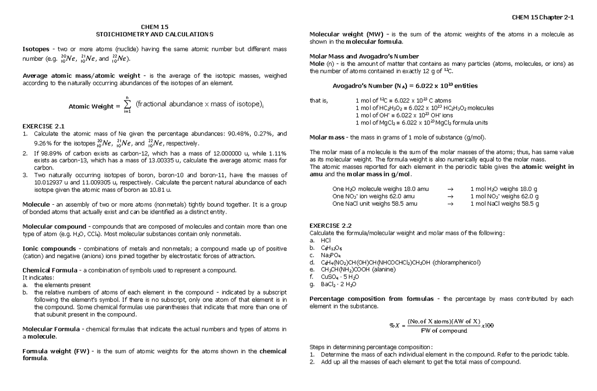 G9 C15 Notes CH2 Stoichiometry - CHEM 15 STOICHIOMETRY AND CALCULATIONS ...