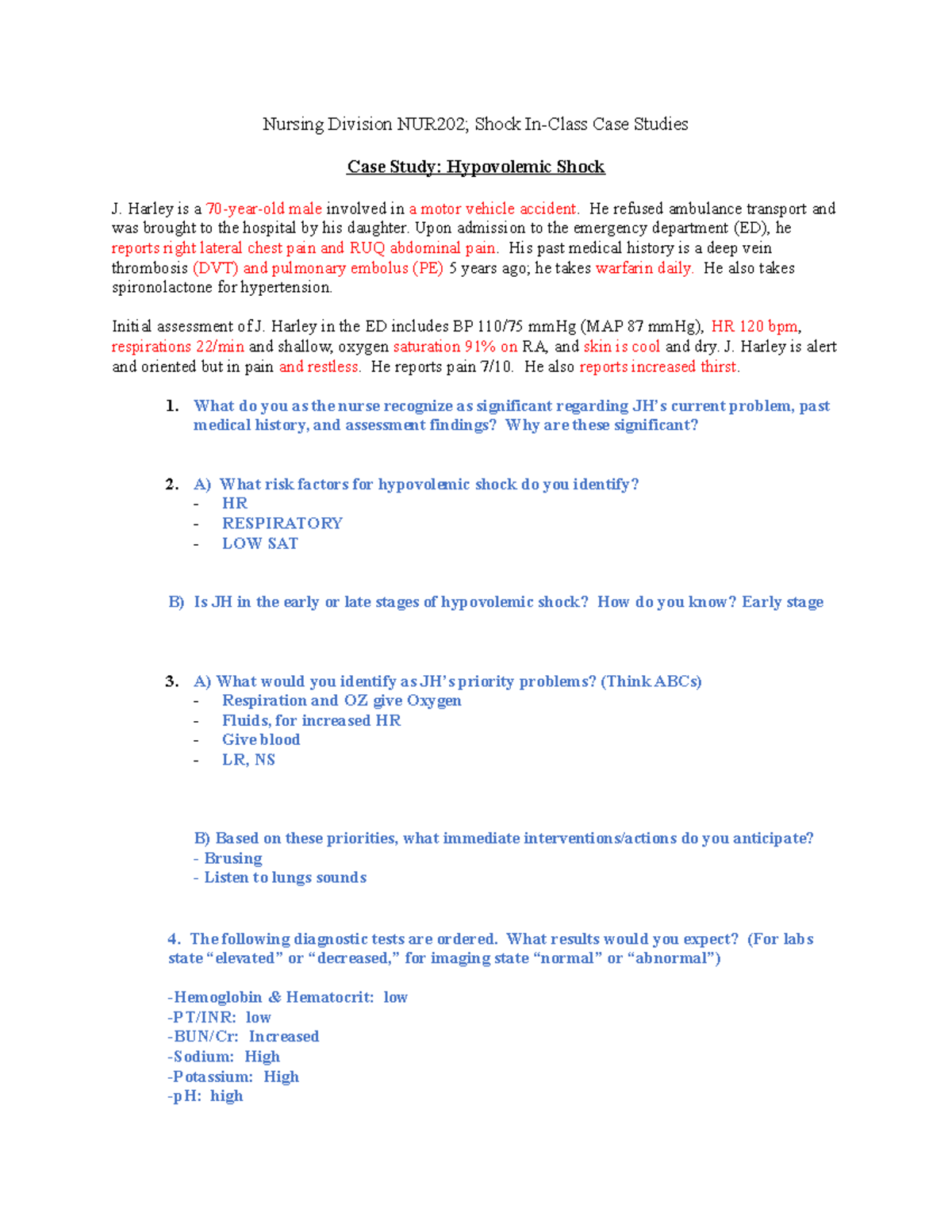 Shock Case Studies Spring 2022 - Nursing Division NUR202; Shock In ...