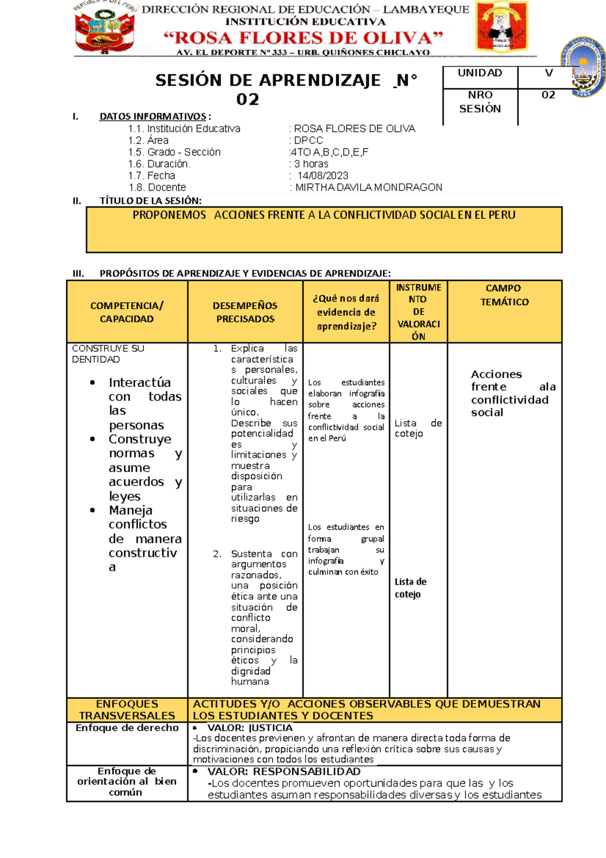 Sesión DE Aprendizaje 02 Unidad V 4° 2023 - SESIÓN DE APRENDIZAJE N° 02 I. DATOS INFORMATIVOS ...