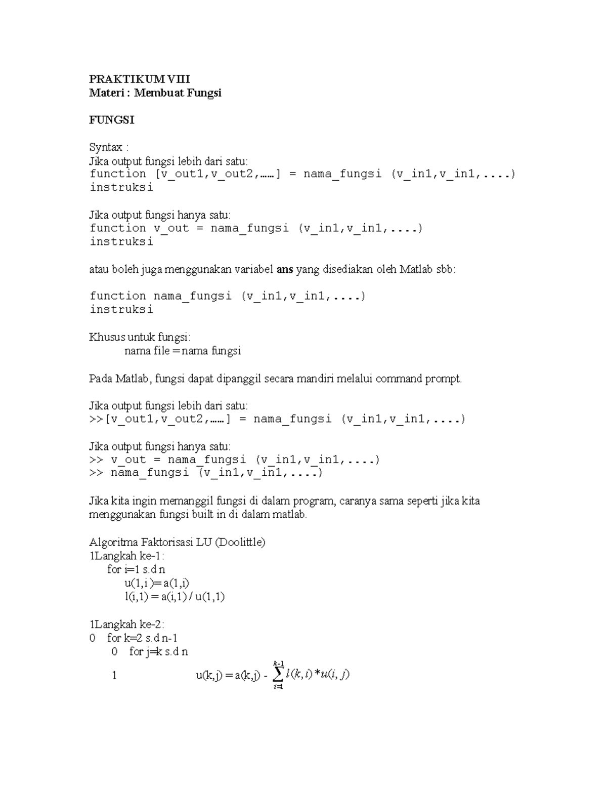 Praktikum 8 (Fungsi pada Mat Lab) - PRAKTIKUM VIII Materi : Membuat ...