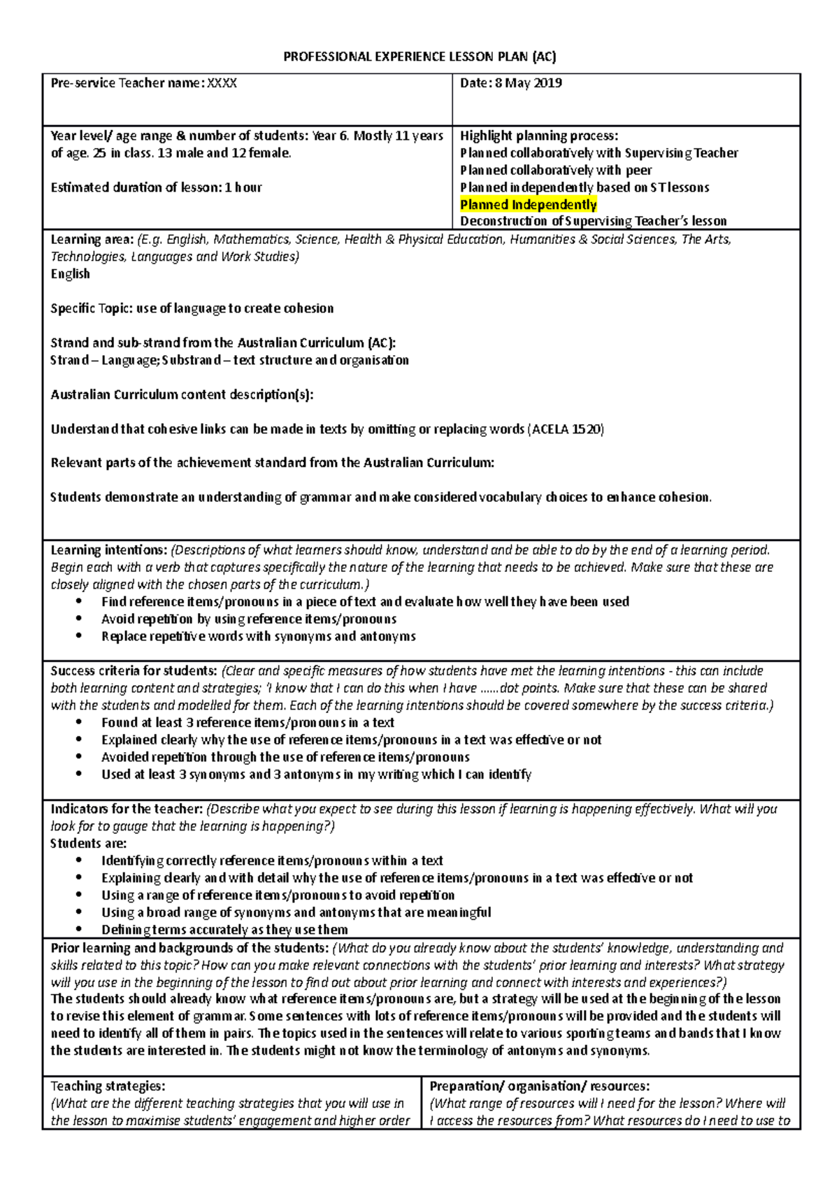 Lesson Plan Examples Australia at Evangelina Ed blog