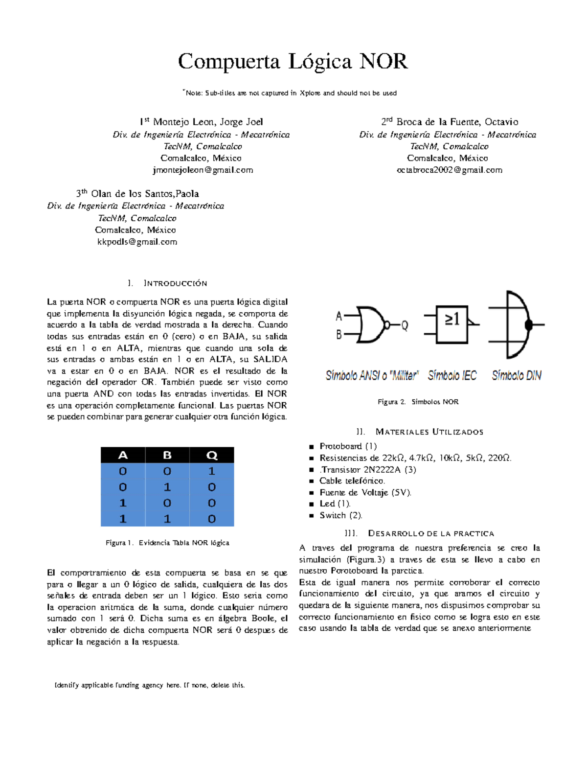 Compuerta NOR - Compuerta L ́ogica NOR *Note: Sub-titles are not ...