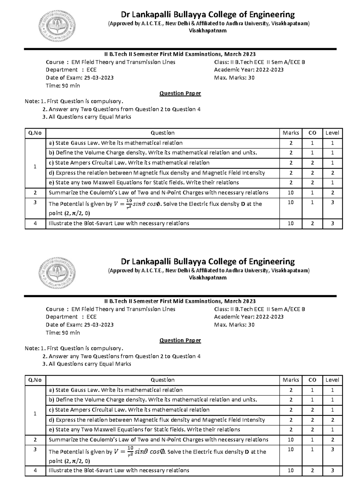 EMTL First Mid Question Paper 2022-2023 LBCE Final - Dr Lankapalli ...