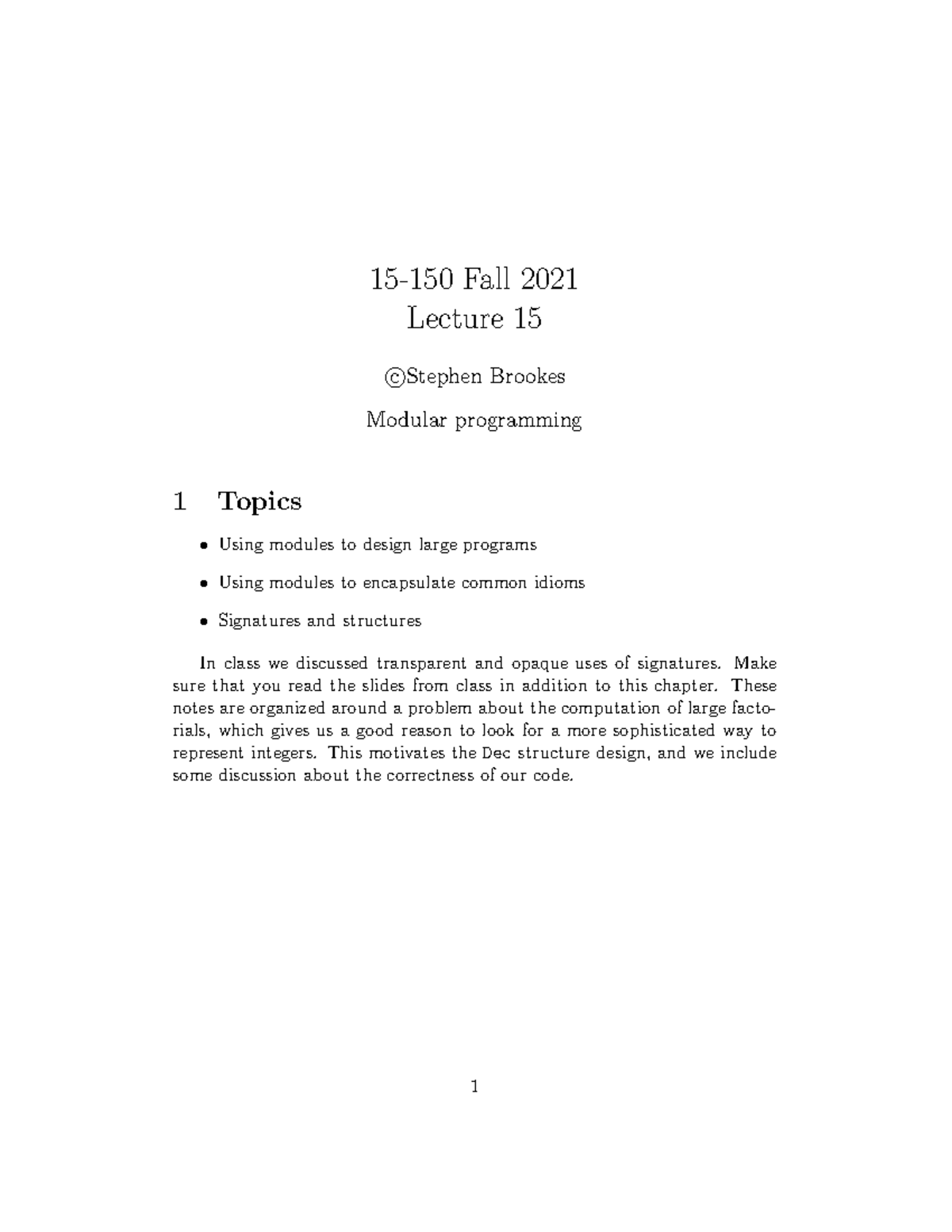 Modular Programming Lecture Notes 15 15 150 Fall 2021 Lecture 15 ©cstephen Brookes Modular