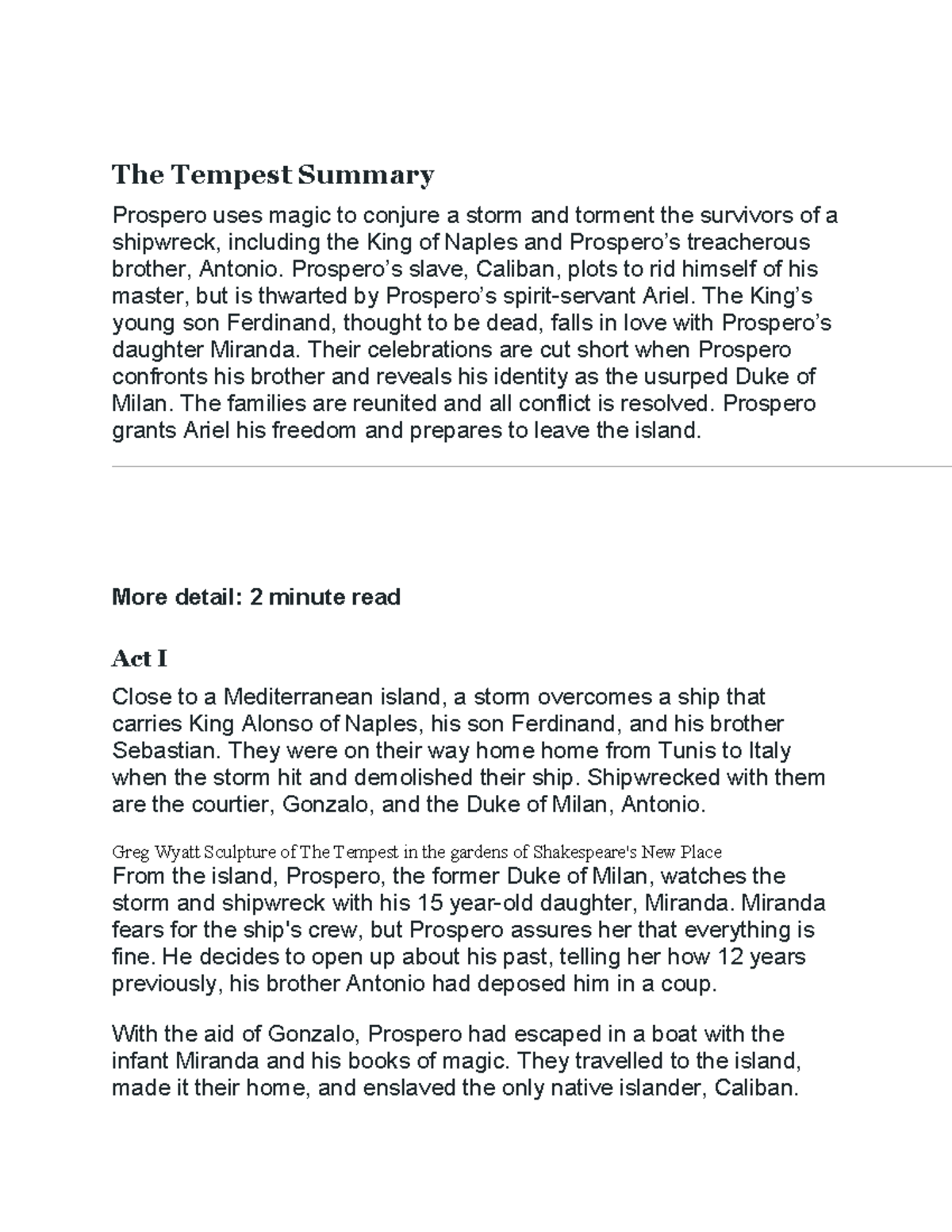 The Tempest Plot Overview - The Tempest Summary Prospero uses magic to conjure a storm and ...