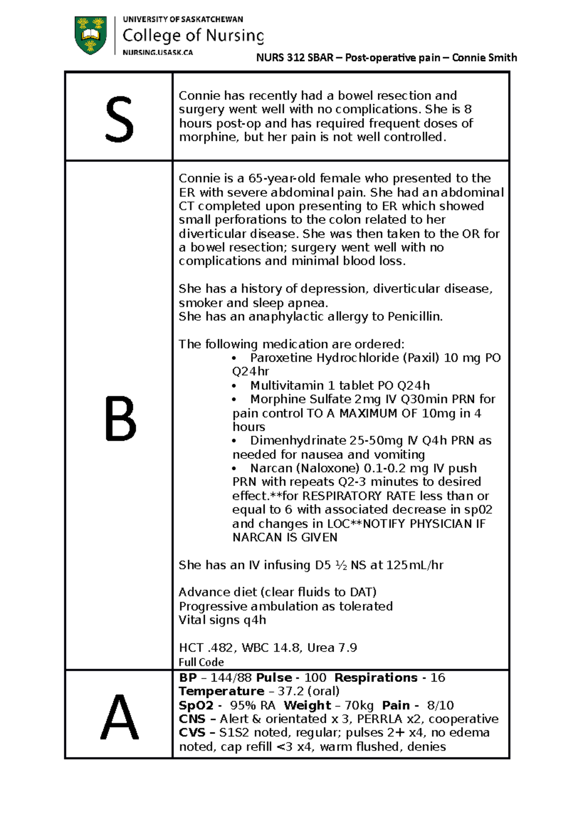 N312 Lab 2 SBAR Post-op Resp Depression - Connie Smith - NURS 312 SBAR ...