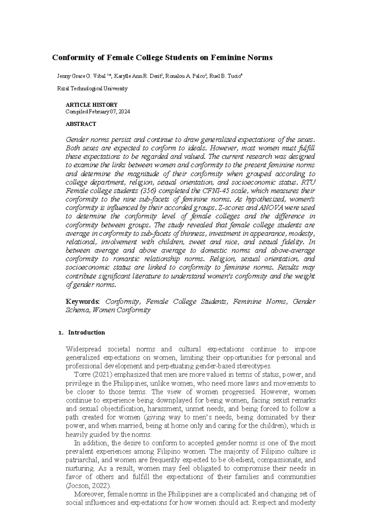 Conformity of Female College Students on Feminine Norms - Vibal 1 ...