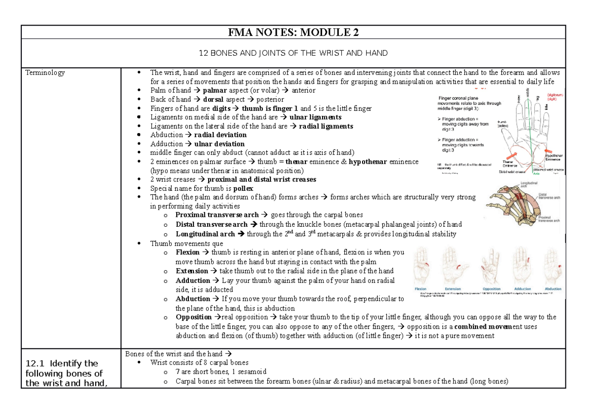 FMA Notes- MOD 2 - FMA NOTES: MODULE 2 12 BONES AND JOINTS OF THE WRIST ...