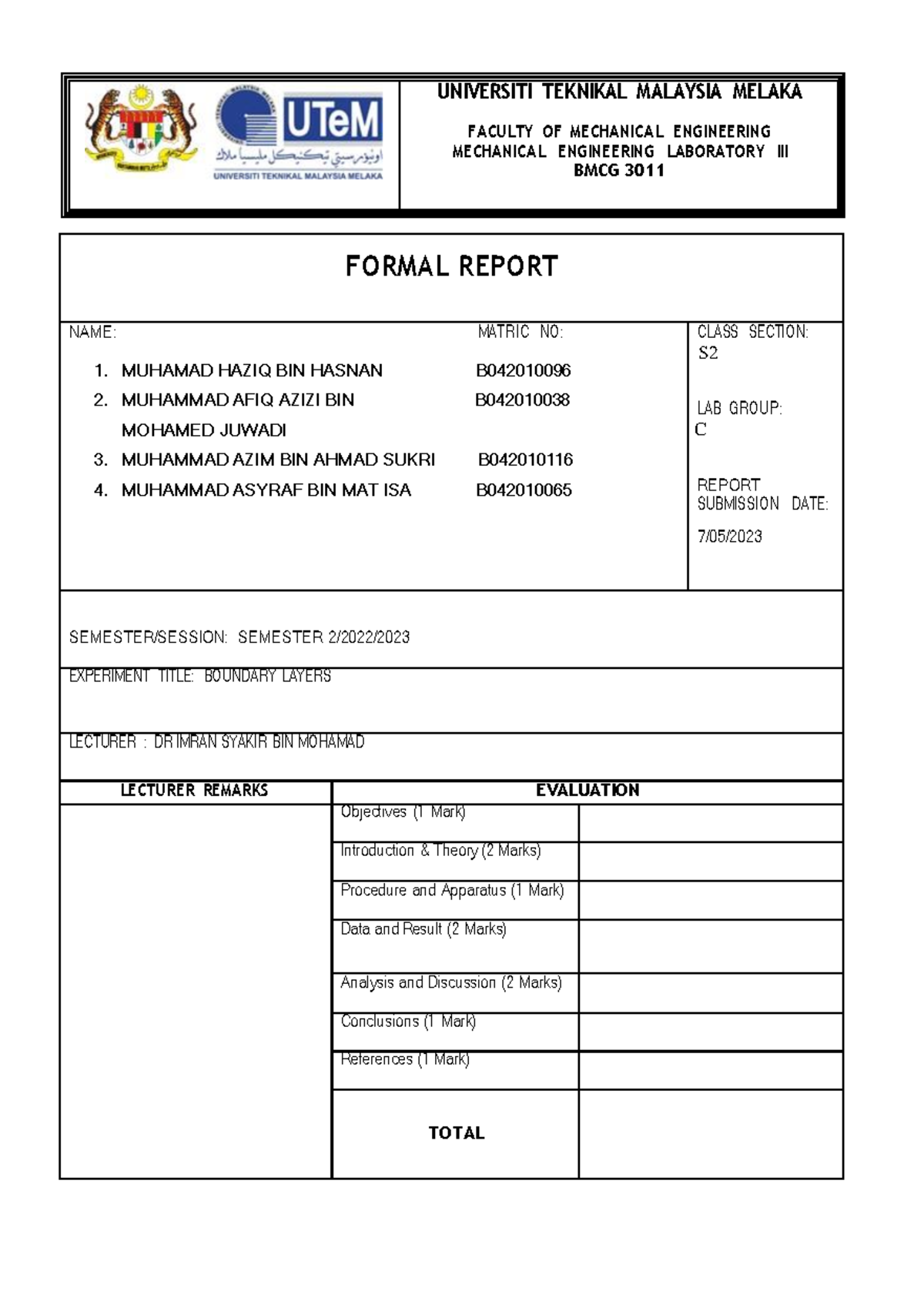 LAB1 EXP F1 Report S2 Group C - FORMAL REPORT NAME: MATR IC NO: 1 ...