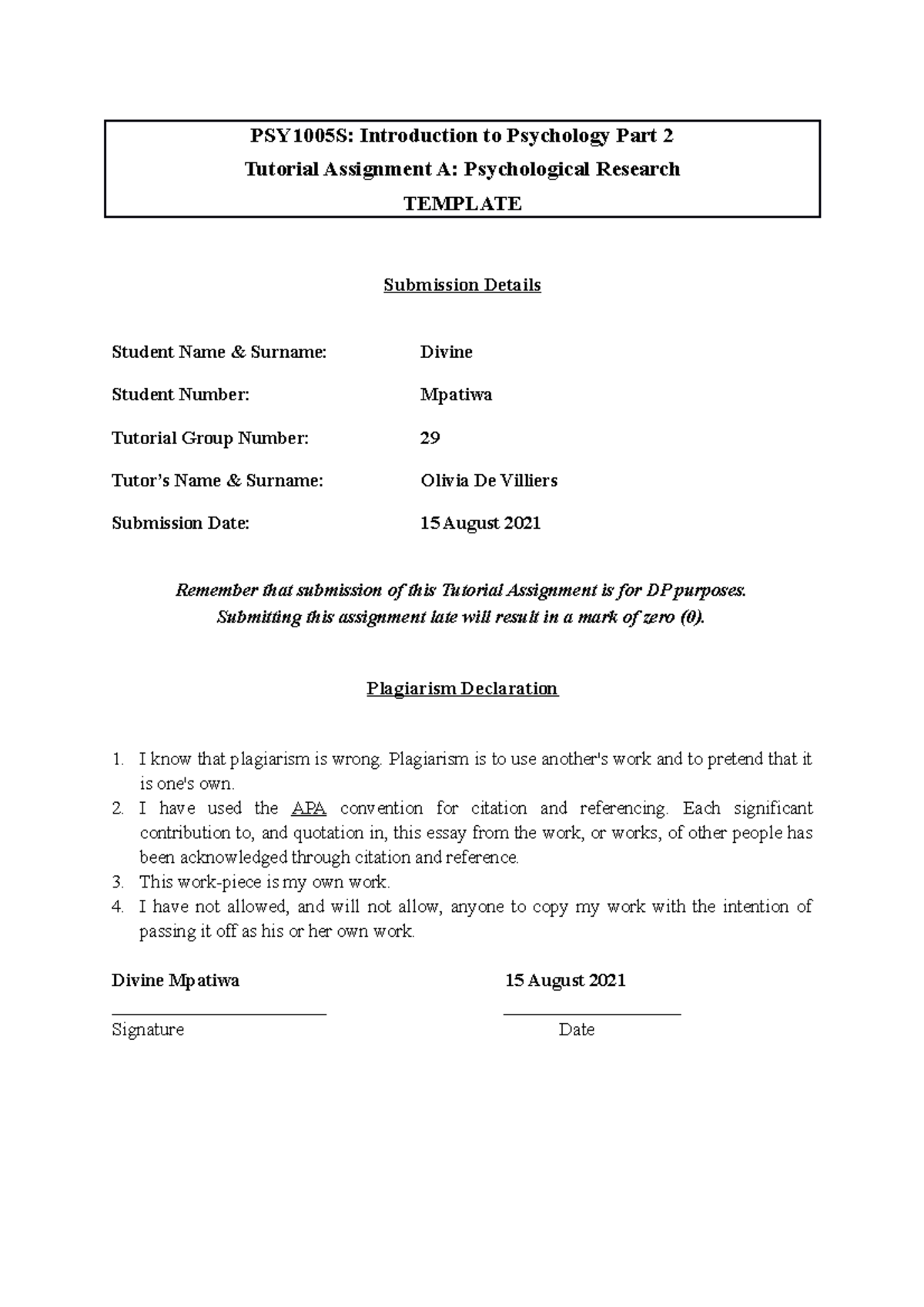 Tutorial Assignment A Template Student Number - PSY1005S: Introduction ...