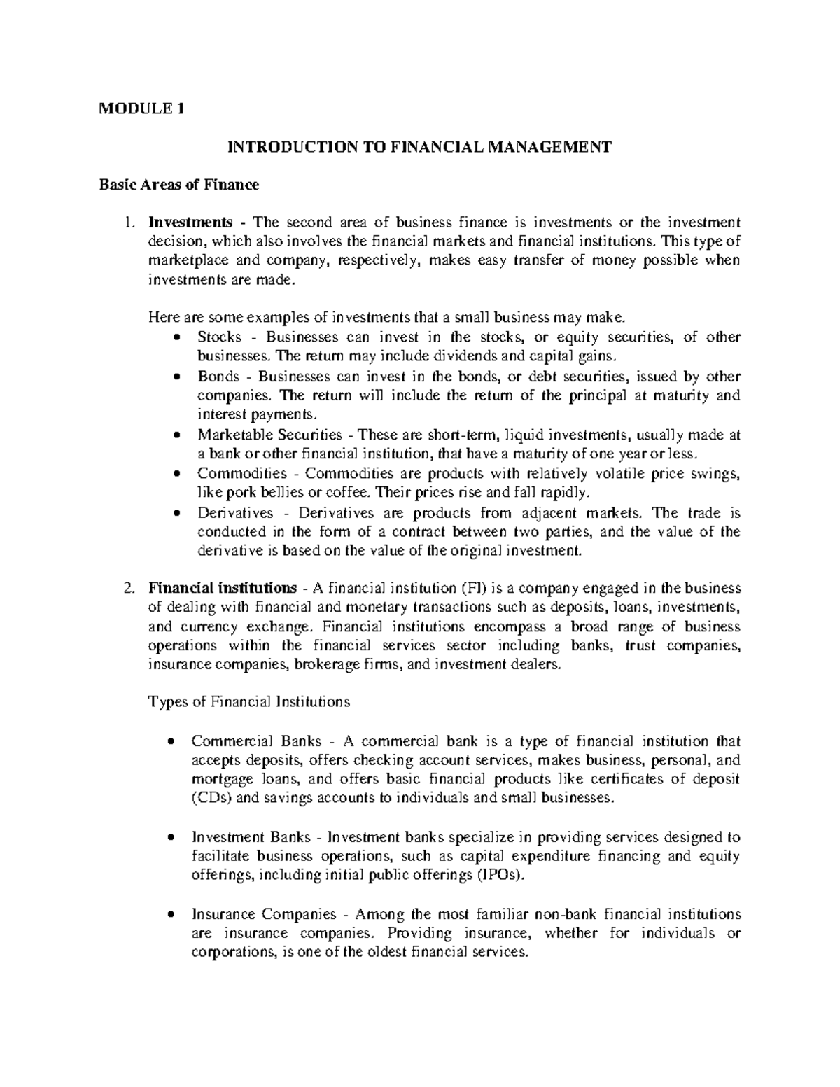 Module 1 - Lecture notes on Finmar - MODULE 1 INTRODUCTION TO FINANCIAL ...