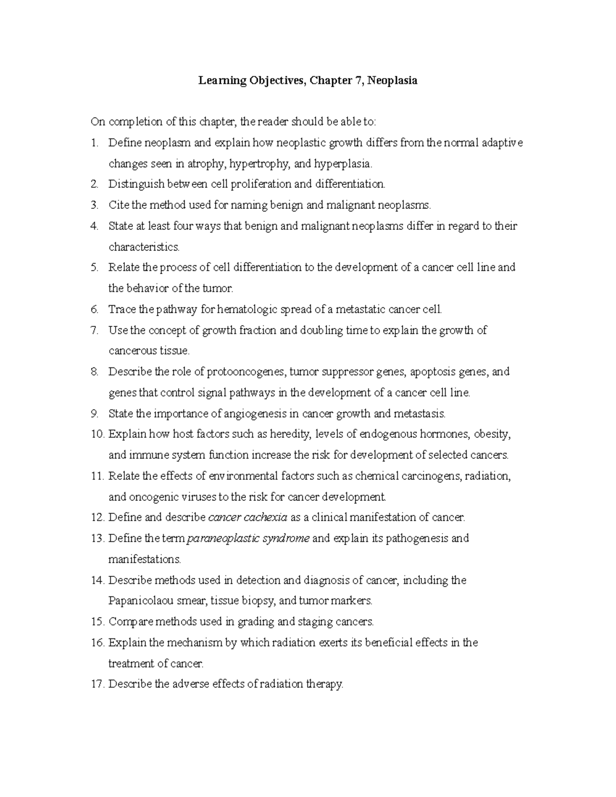 Learning Objectives, Chapter 7, Neoplasia - Learning Objectives ...