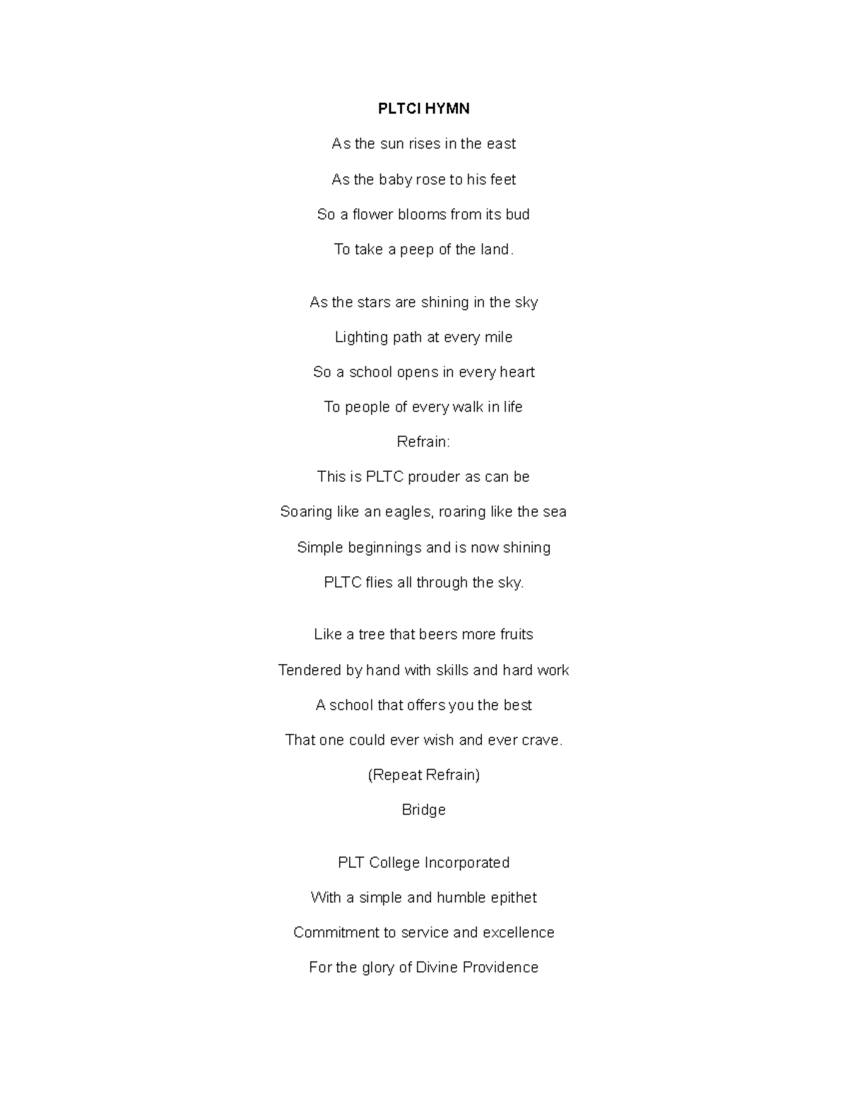 PLTC HYMN - PLTCI HYMN As the sun rises in the east As the baby rose to ...