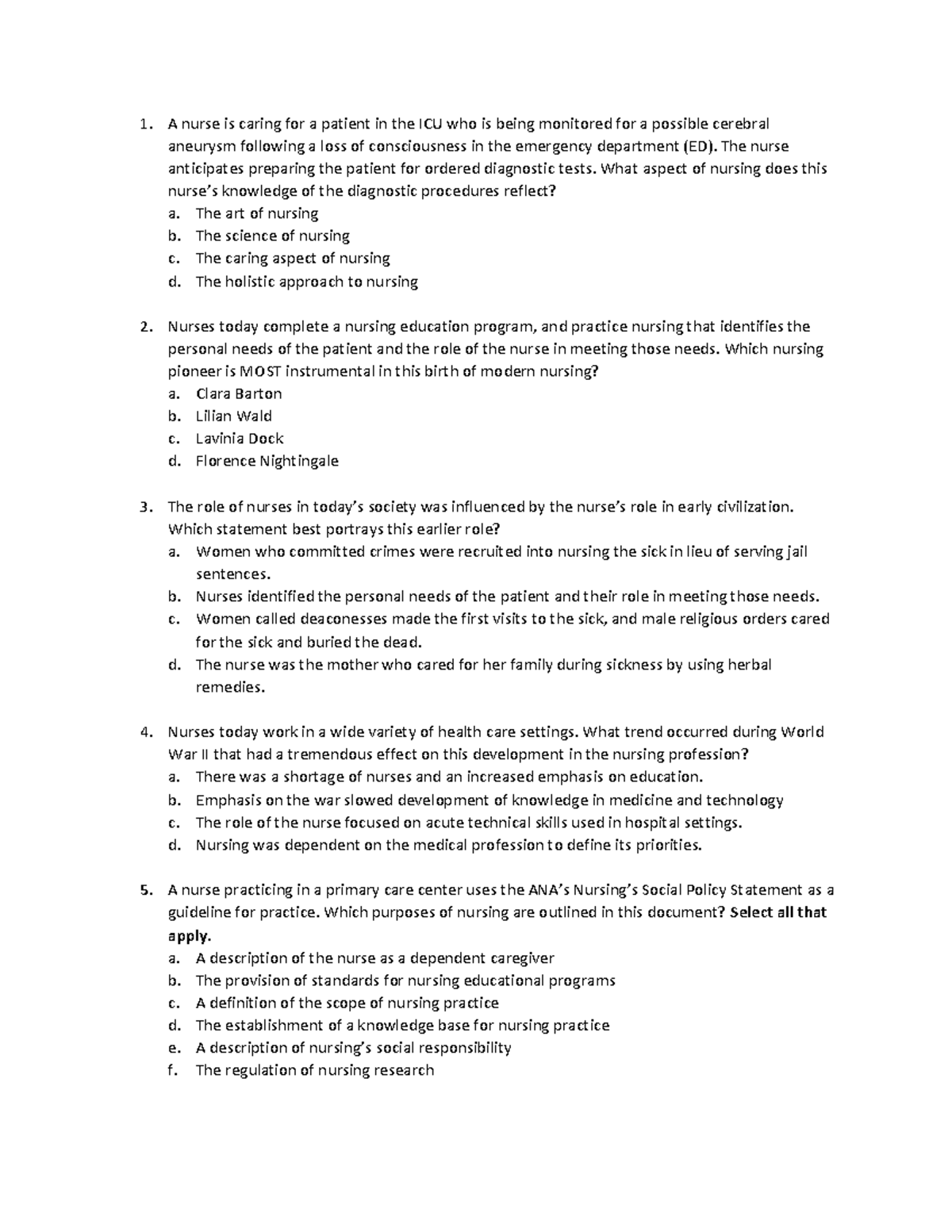 Chapter 1 Practice Questions with Answers - A nurse is caring for a ...