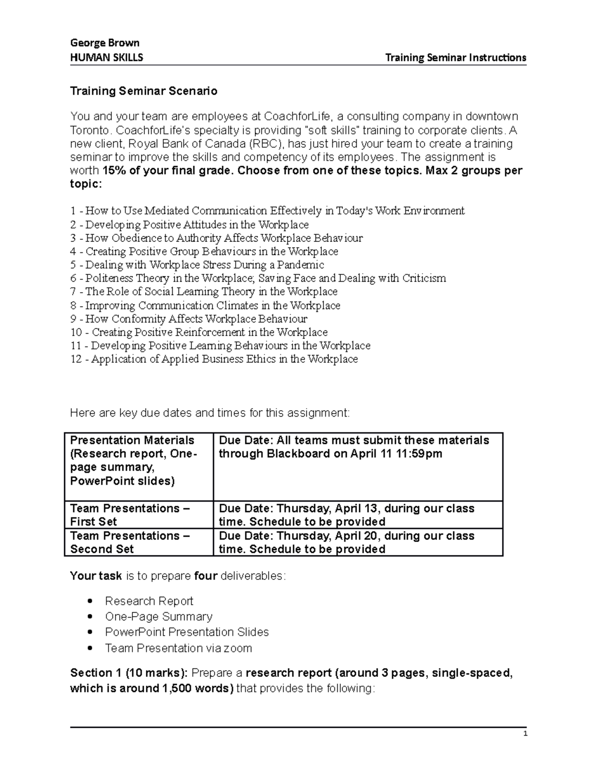 Human Skills Team Training Seminar Instructions and Requirements W22 ...