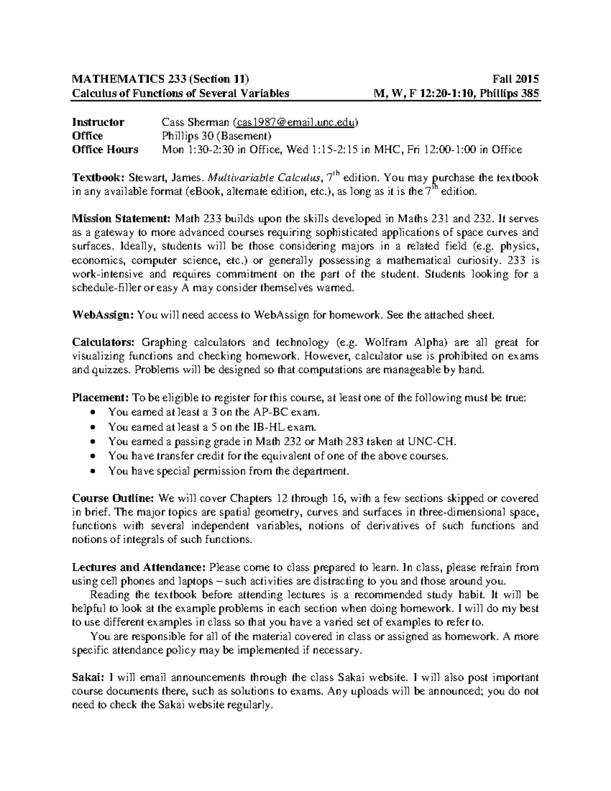 292985301 Math 233 Syllabus - MATHEMATICS 233 (Section 11) Fall 2015 Calculus of Functions of ...