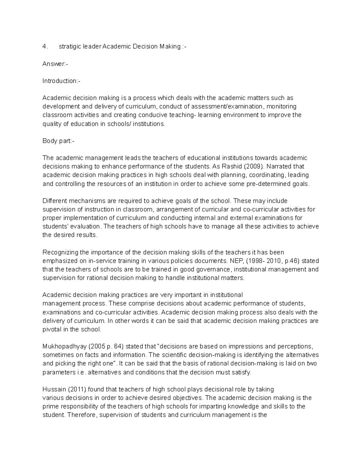 stratigic leader Academic Decision Making - Body part:- The academic ...