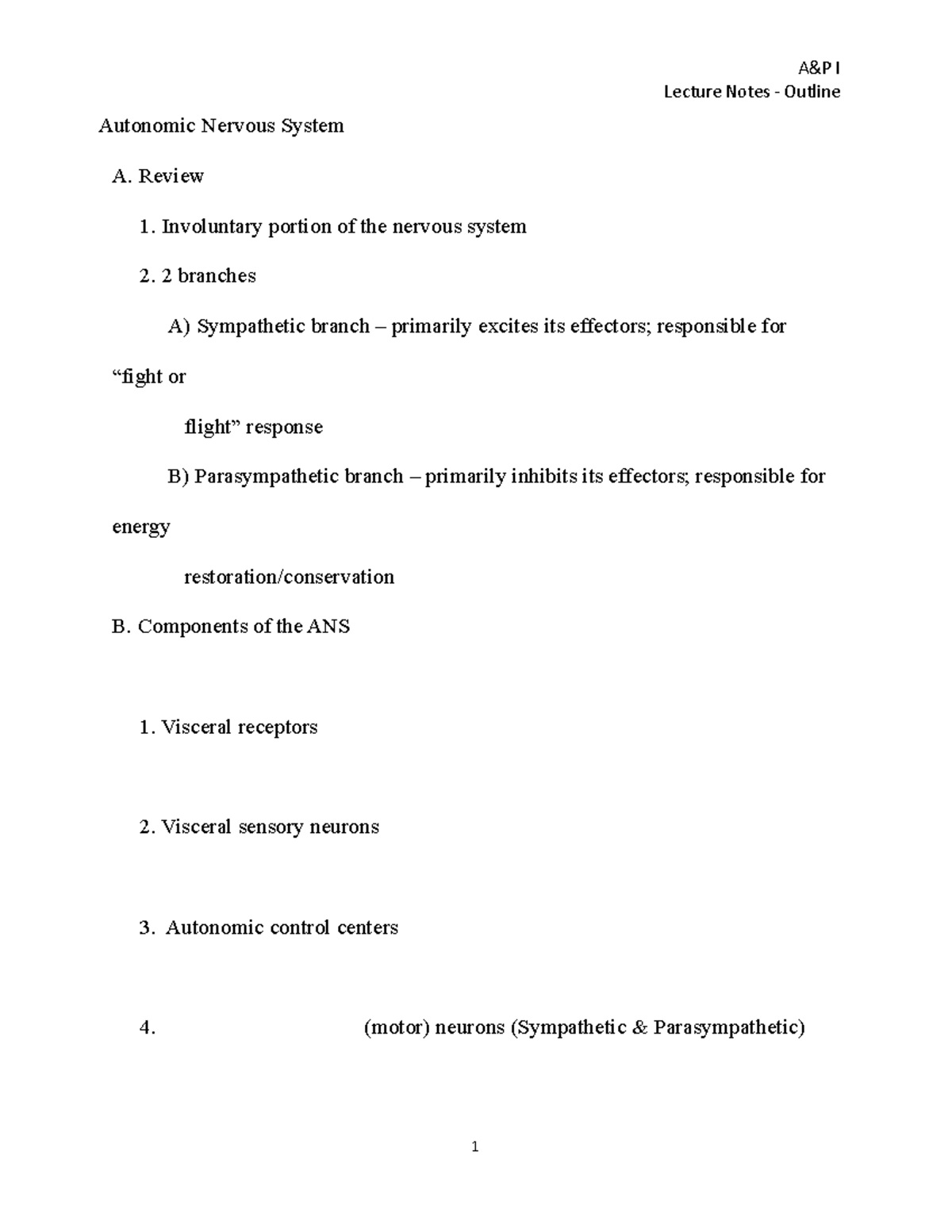 2021-Anatomy-Physioogy-I-Autonomic Nervous system-Lecture-Notes-outline ...