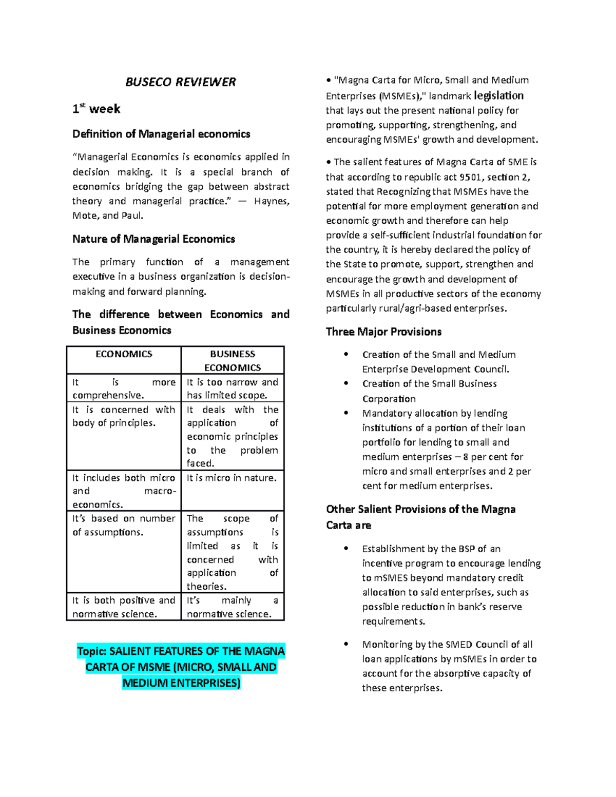 Buseco- Reviewer - BUSECO REVIEWER 1 st week Definition of Managerial ...