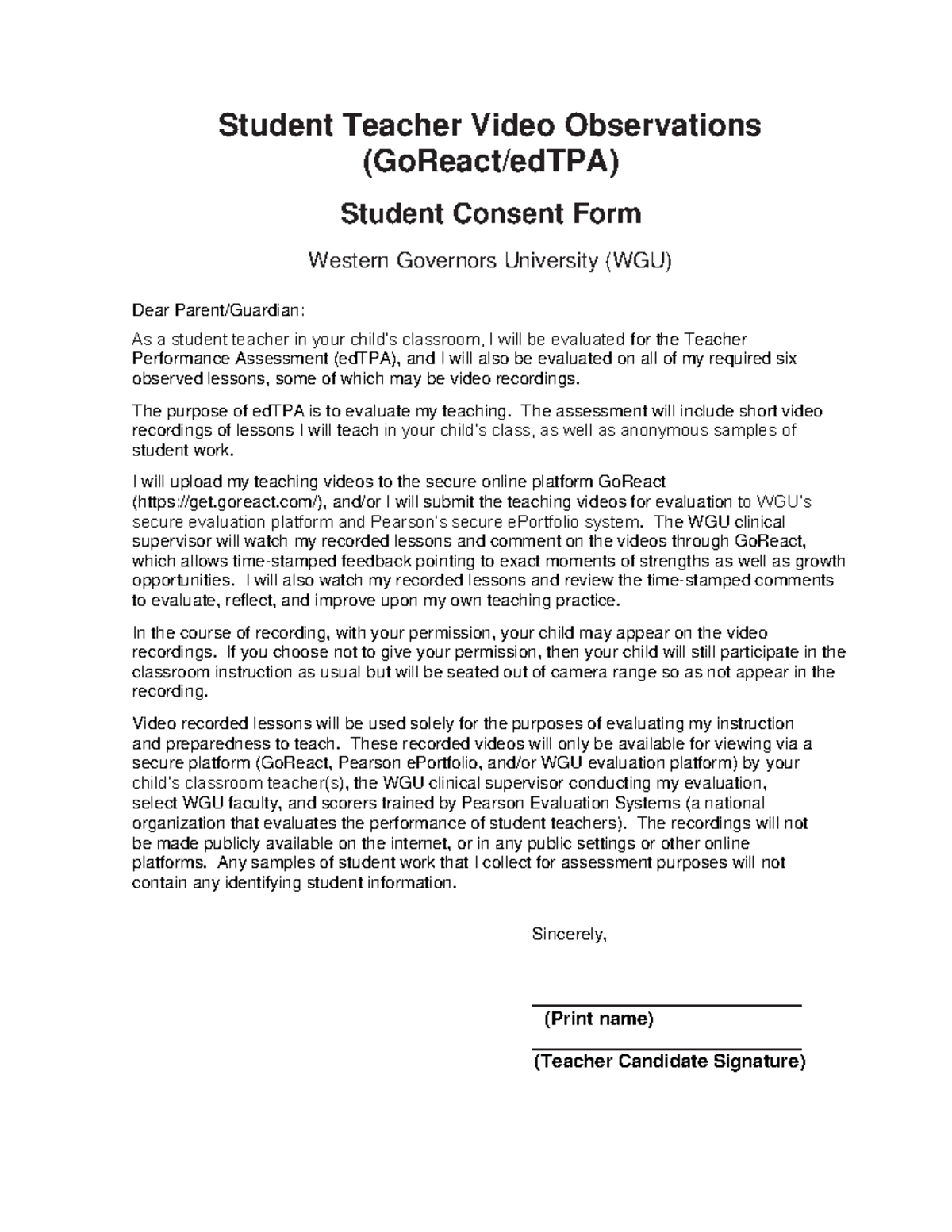 Ed TPA Go React Permission Form English - Student Teacher Video ...