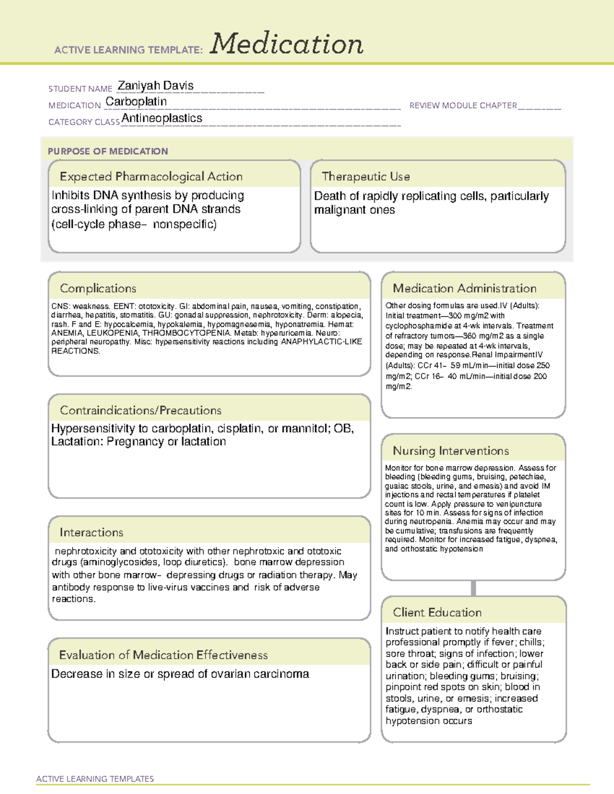 Carboplatin - N/A - ACTIVE LEARNING TEMPLATES Medication STUDENT NAME ...